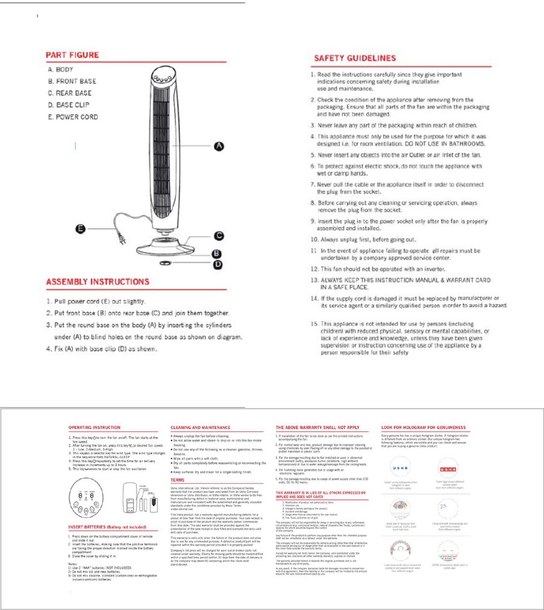Usha Tower Fan Manual | PDF