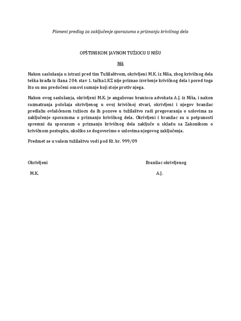 Predlog Za Zaključenje Sporazuma o Priznanju Krivicnog Dela | PDF