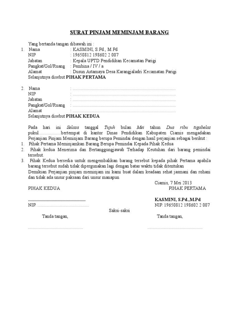 Surat Pinjam Meminjam Barang | PDF