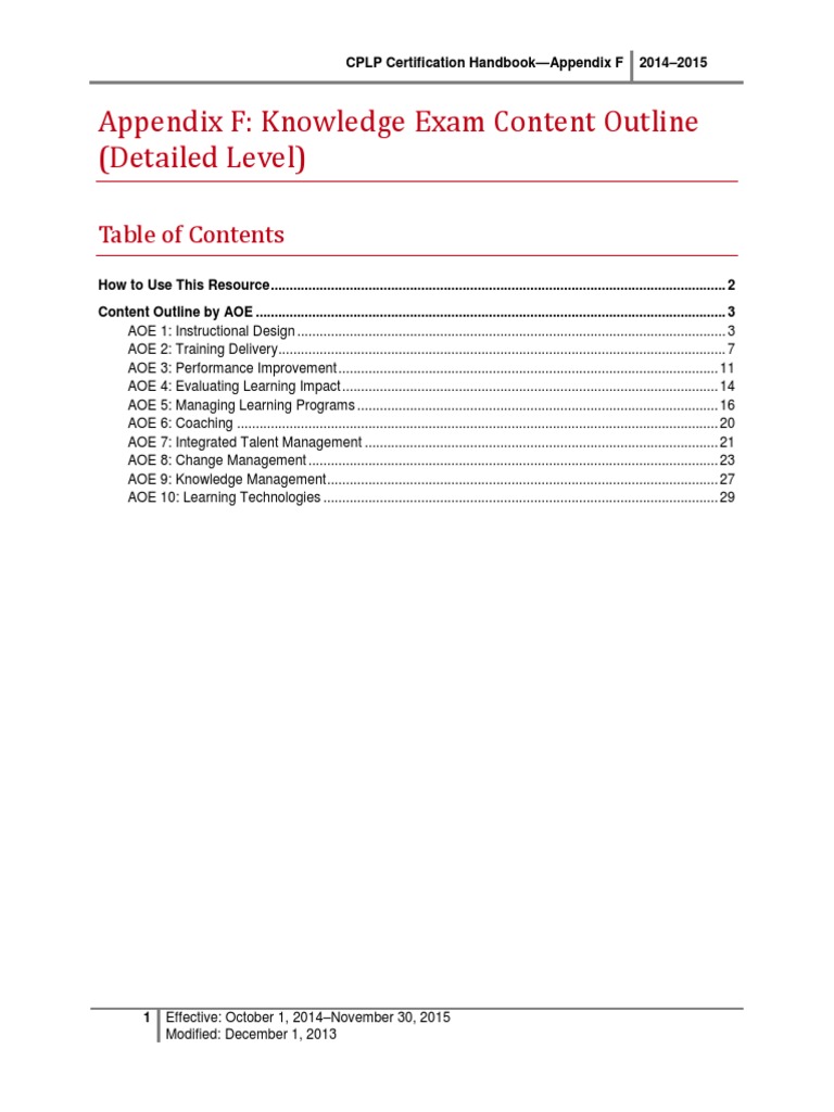 CPLP Certification Handbook - Appendix F - Knowledge Exam Content Outline - Final - 10-2014 PDF ...