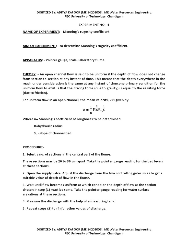 Exp 4-Manning's Rugosity Coefficient | PDF | Experiment | Dynamics ...