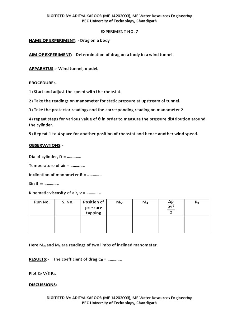 NAME OF EXPERIMENT: - Drag On A Body | PDF | Technology & Engineering