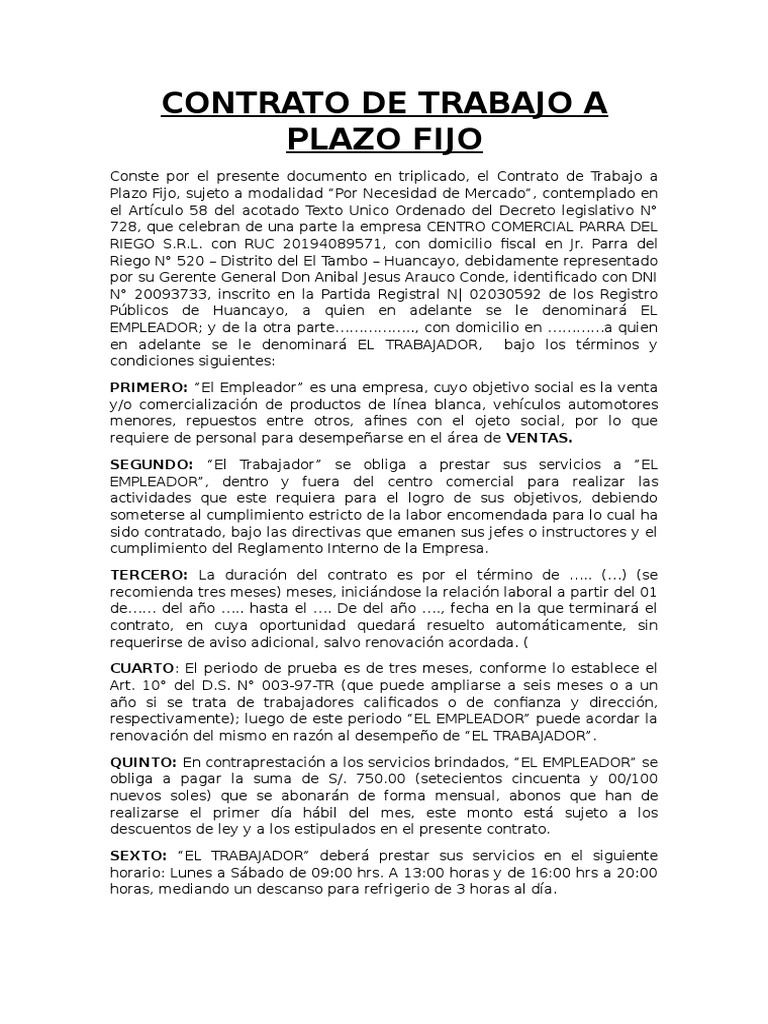 Contrato de Trabajo a Plazo Fijo | Derecho laboral | Información del ...