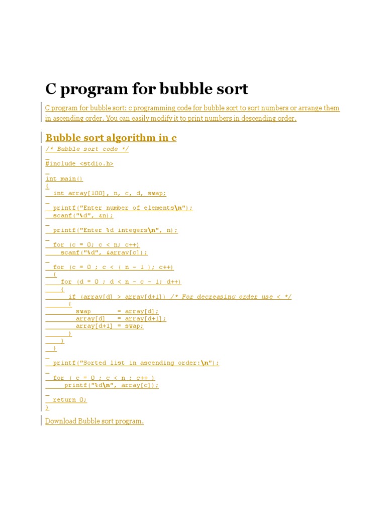 C Program For Bubble Sort | PDF
