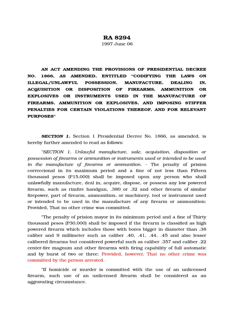 PD 1866 Amended by RA 8294 Illegal Possession of Firearms | PDF ...