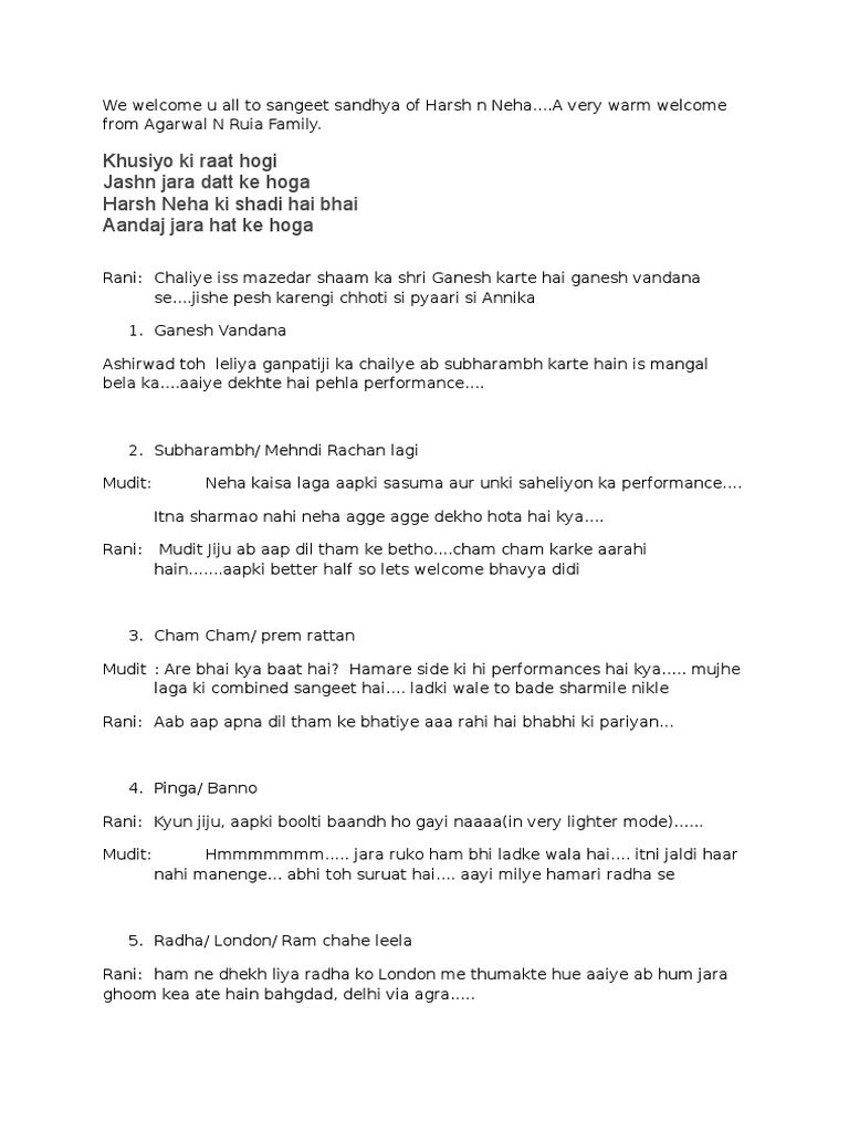 Sangeet Sandhya Script | PDF | Art