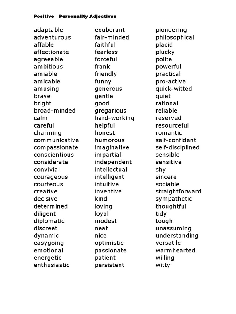 Positive Personality Adjectives List | PDF