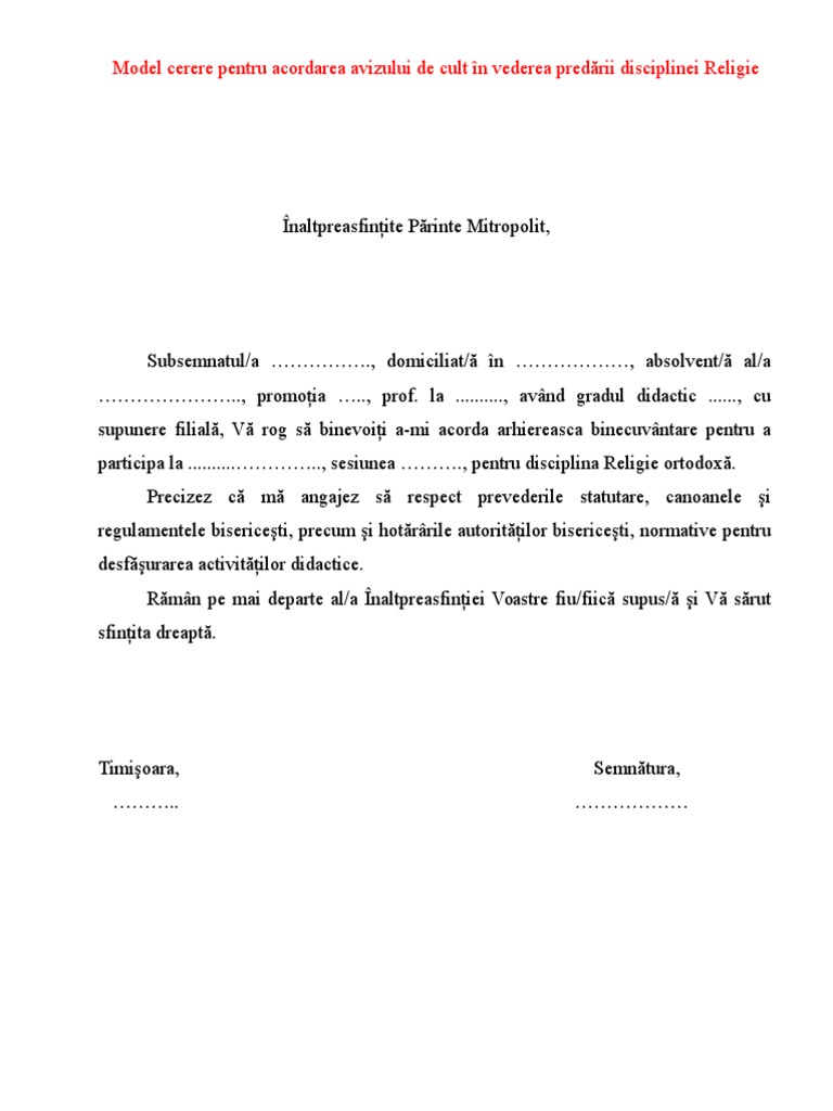 Model Cerere Binecuvantare Predare Religie