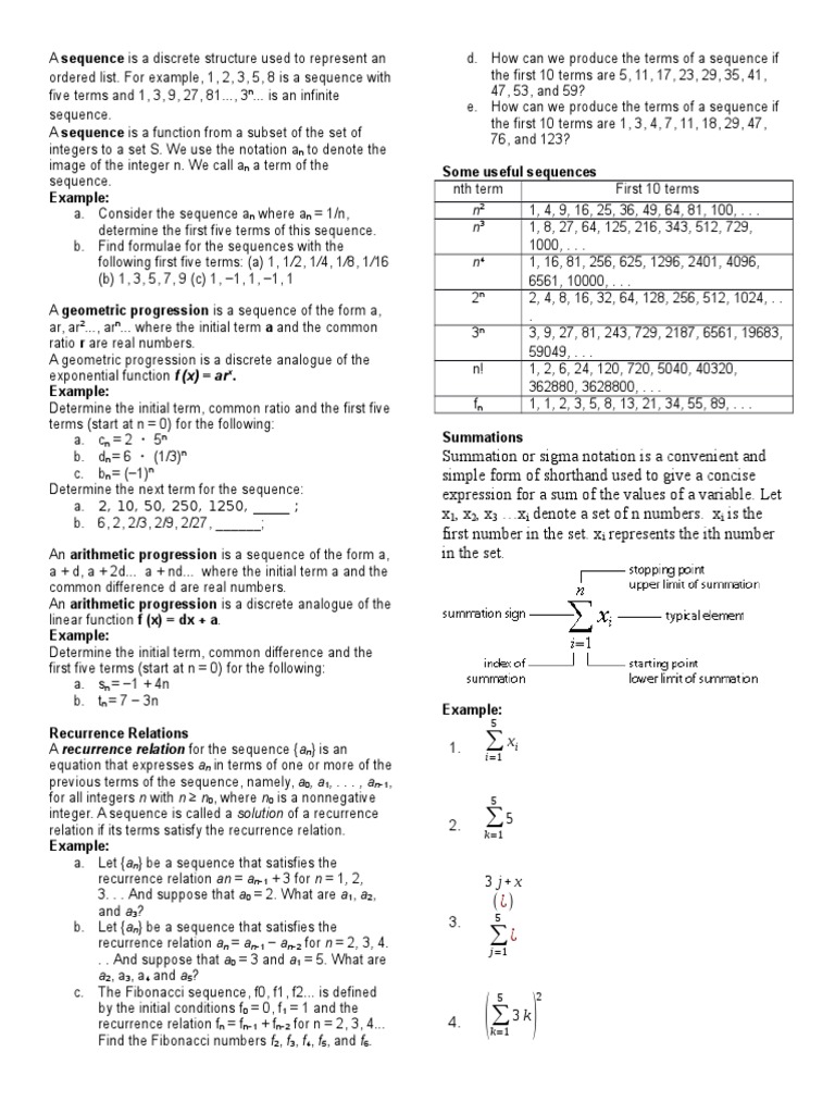 Sequence, Sigma and Pi | PDF | Summation | Recurrence Relation