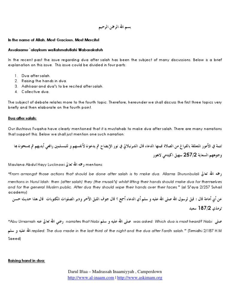 Collective Dua After Fard Salat by MUFTI IBRAHIM DESAI | PDF