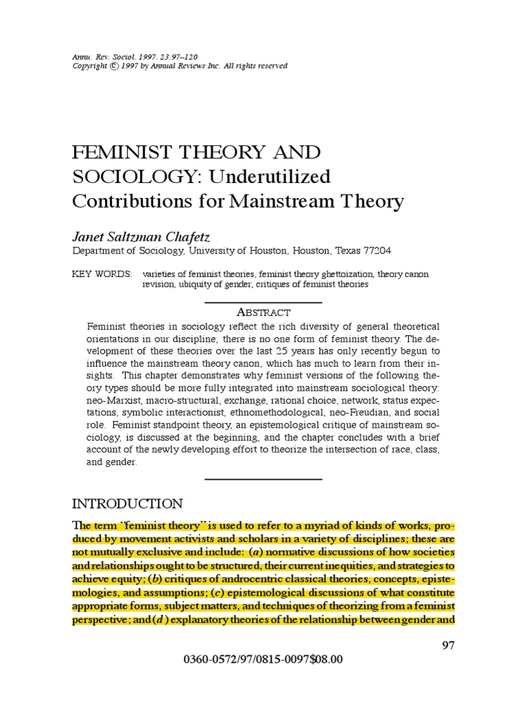 FEMINIST THEORY and SOCIOLOGY - Underutilized Contributions For ...