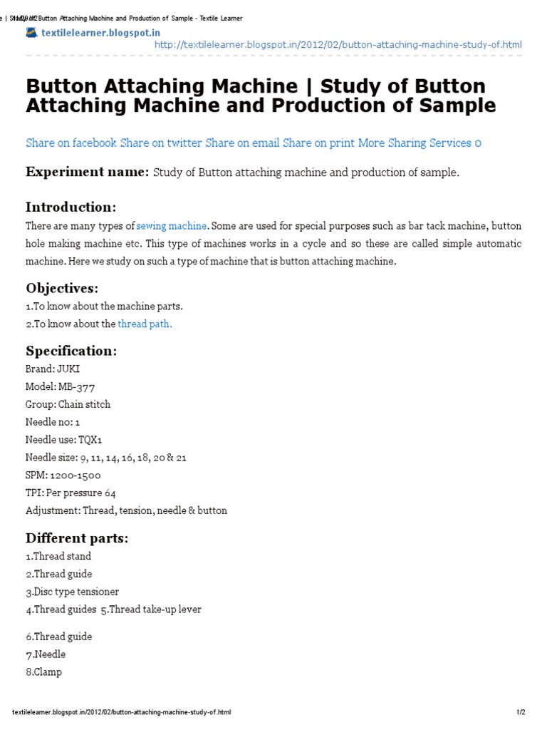 Button Attaching Machine Overview | PDF | Sewing | Textiles