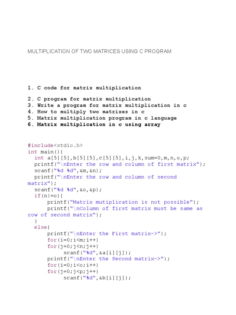 Multiplication of Two Matrices Using C Program | PDF