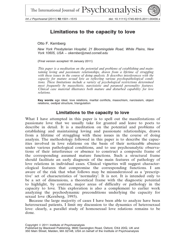 Limitations To The Capacity To Love, Kernberg | PDF | Narcissism ...