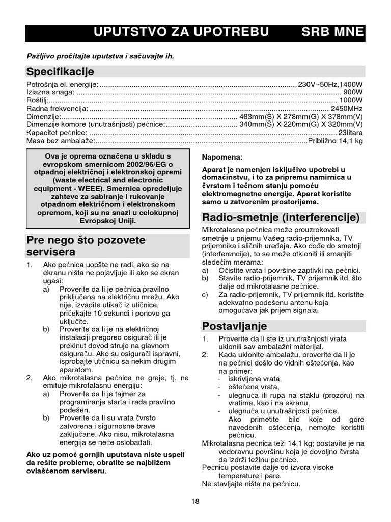 Mikrotalasna Gorenje Uputstvo | PDF