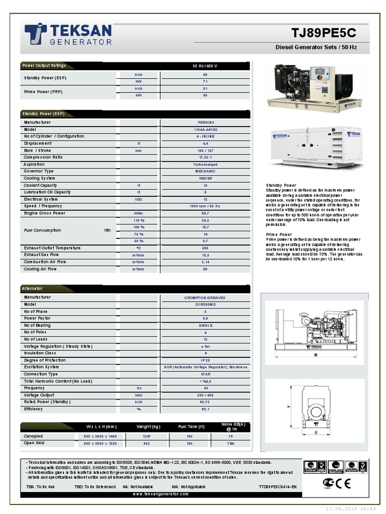 Specification Sheet for an 89kVA, 50Hz Diesel Generator Set Powered by ...