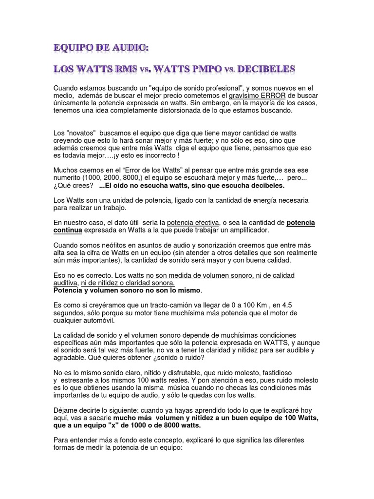 Equipo De Audio Watts RMS Vs Watts PMPO Vs Decibeles PDF
