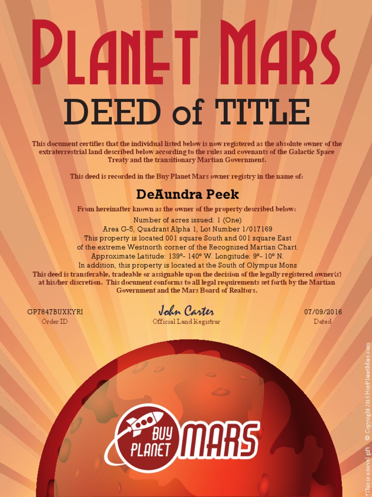 DeAundra Peek On Mars: Land Deed by Logan K. Young | PDF