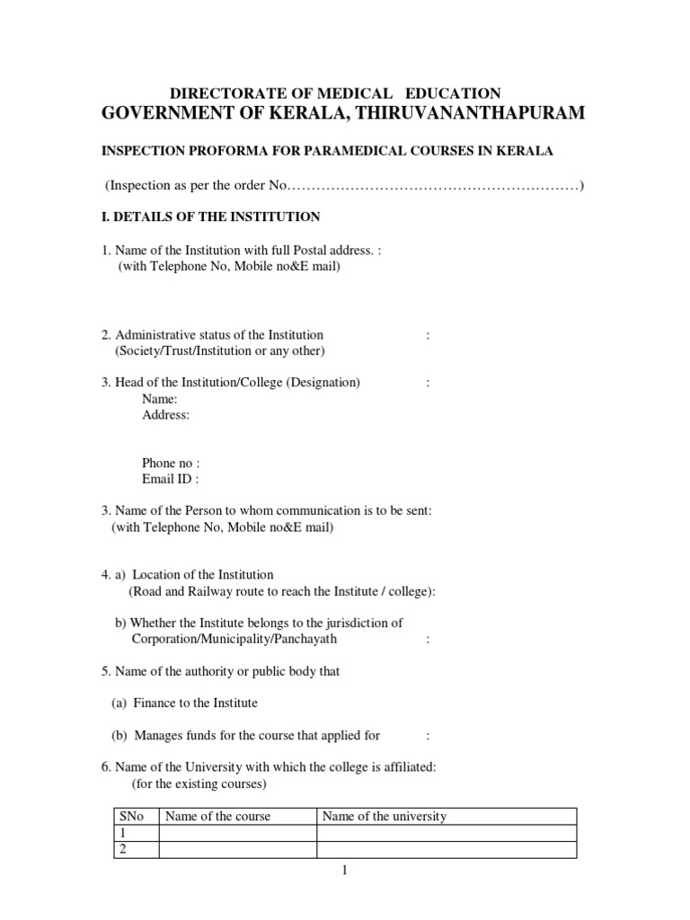 Inspectionproforma Paramedicalcourses | PDF | Medical Laboratory | Mail
