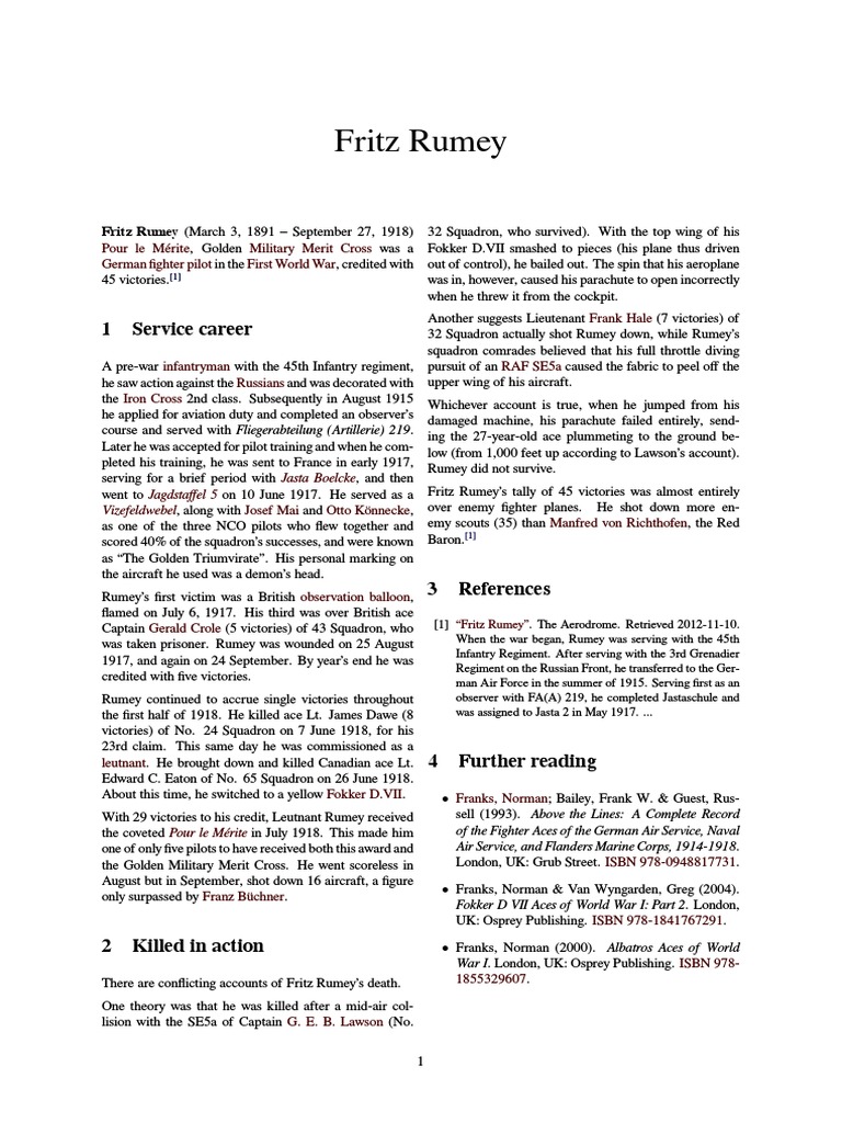 WW1 Ace - Fritz Rumey | Download Free PDF | Air Forces | Military Forces