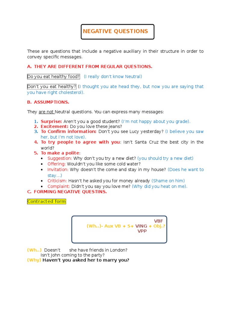 Negative Questions: A. They Are Different From Regular Questions | PDF