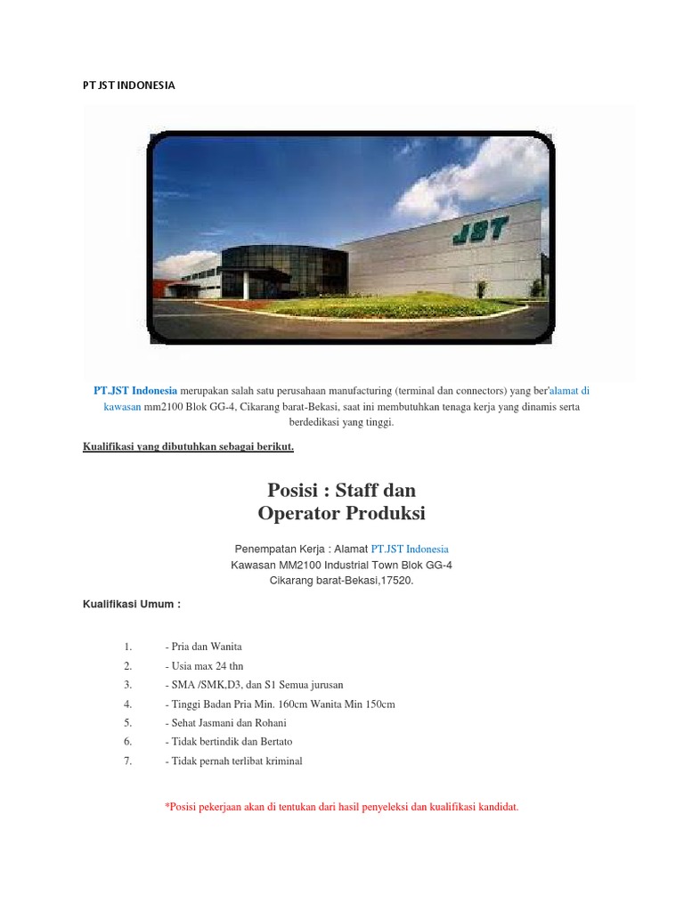 PT JST Indonesia OPERATOR PRODUKSI | PDF