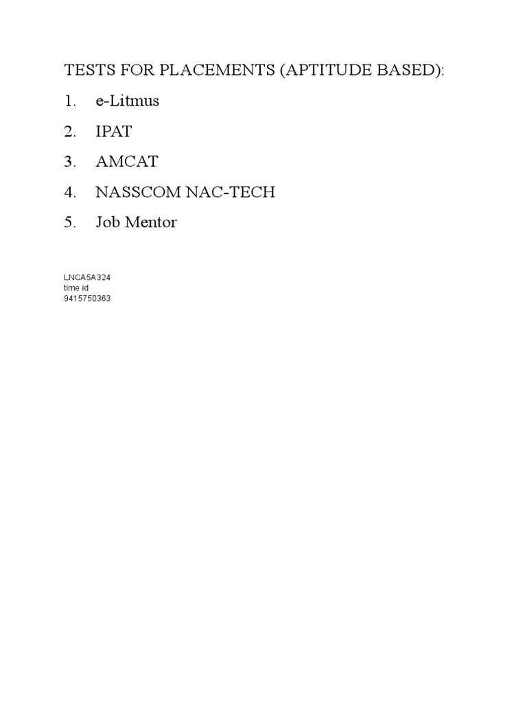 Tests For Placements (Aptitude Based) : 1. E-Litmus 2. Ipat 3. Amcat 4 ...