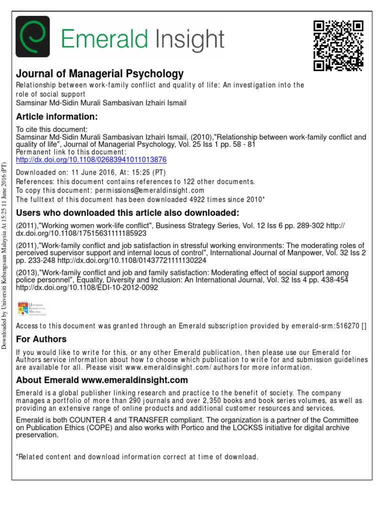 Relationship Between Work Family Conflict and Quality of Life | PDF ...