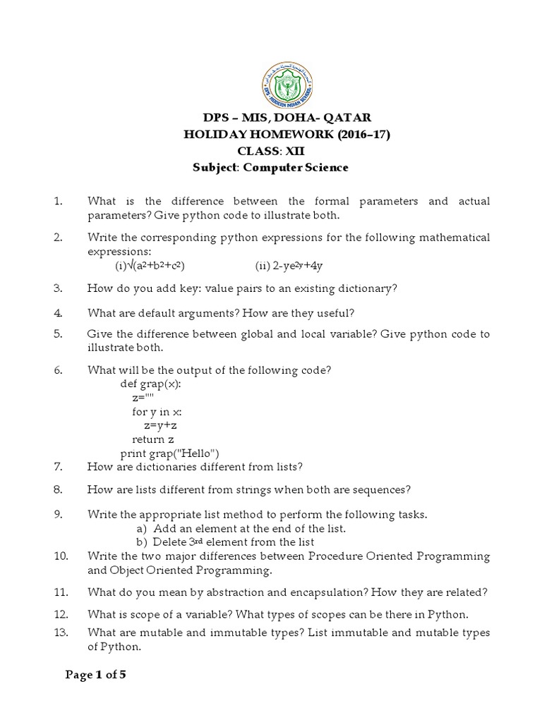 CBSE 12 Holiday Homework | PDF | Method (Computer Programming) | Class ...