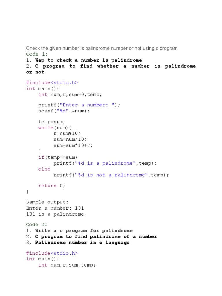 Check The Given Number Is Palindrome Number or Not Using C Program | PDF
