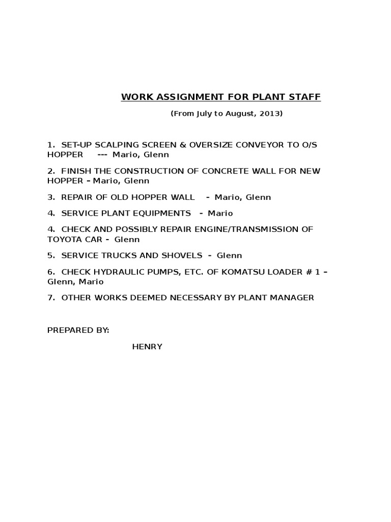 Plant Staff Work Assignment July-Aug 2013 | PDF