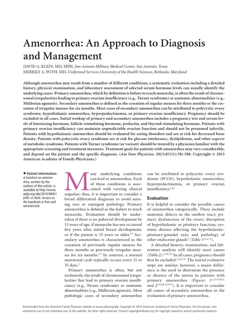 Amenorrhea - An Approach To Diagnosis and Management AFP 2013 PDF | PDF