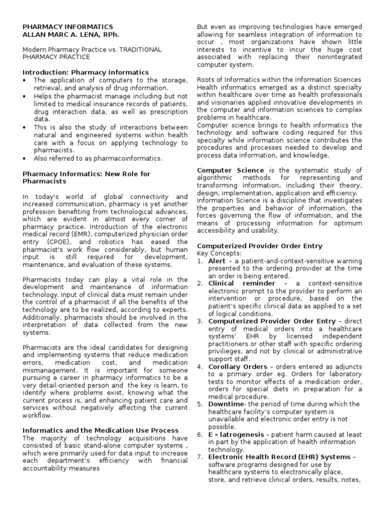 Pharmacy Informatics Notes | PDF | Electronic Health Record | Pharmacy