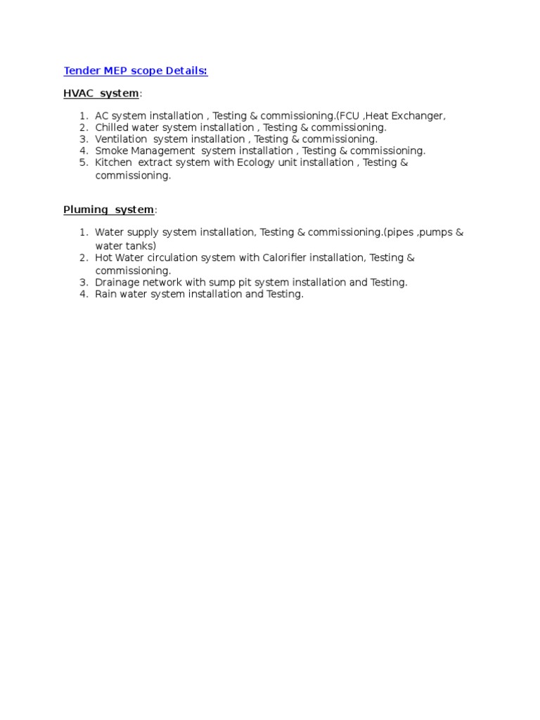 Tender MEP Scope Details | PDF