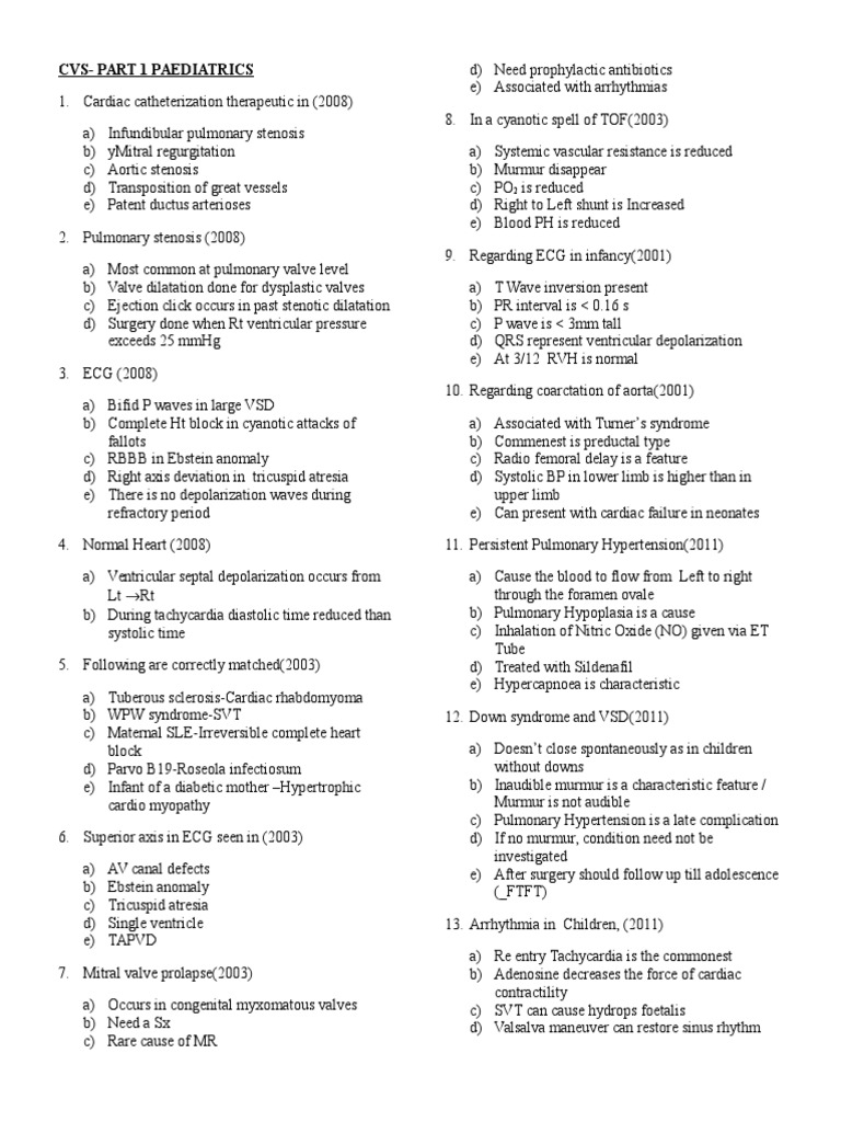pEDIATRICS Cvs MCQ | PDF | Heart | Circulatory System