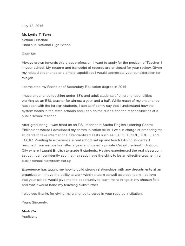 Application Letter To The Principal | PDF