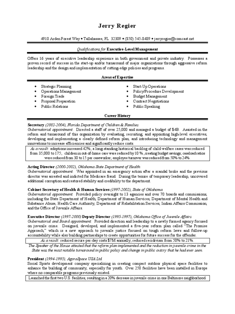 Resume of Jerry Regier, Former Secretary of Department of Children ...