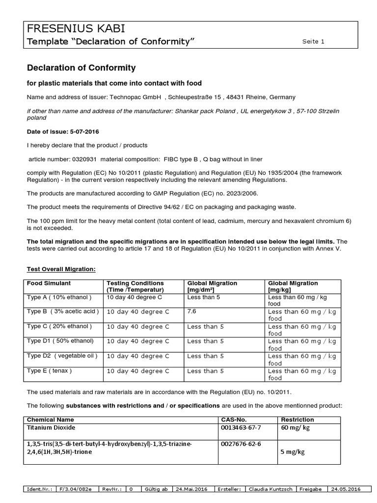 0320931 , FIBC Type B Q Bag Declaration | Packaging And Labeling | Foods