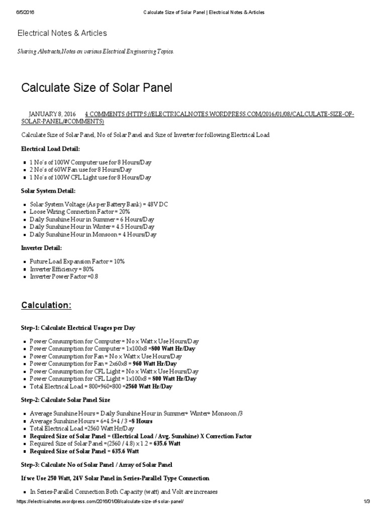 Calculate Size of Solar Panel - Electrical Notes & Articles | PDF ...