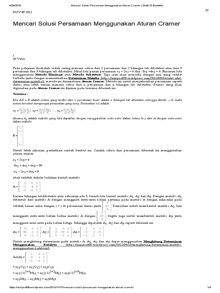 Mencari Solusi Persamaan Menggunakan Aturan Cramer - Math IS Beautiful ...