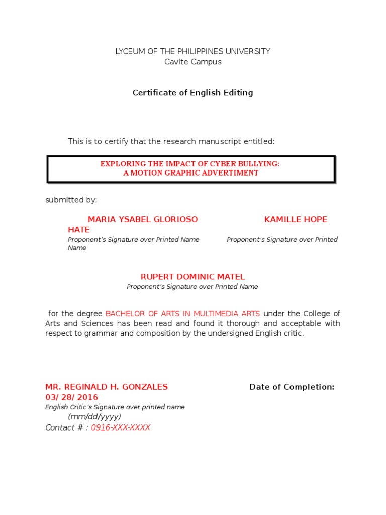 Lyceum of The Philippines University Cavite Campus: Certificate of ...
