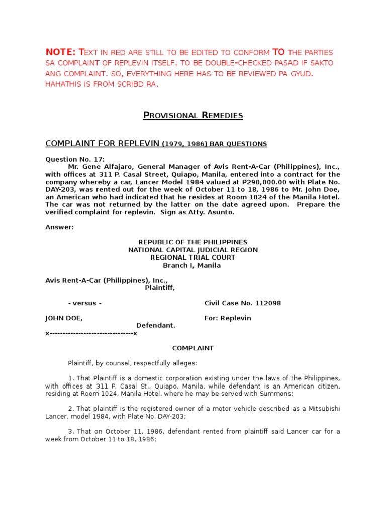Sample Replevin | PDF | Plaintiff | Complaint