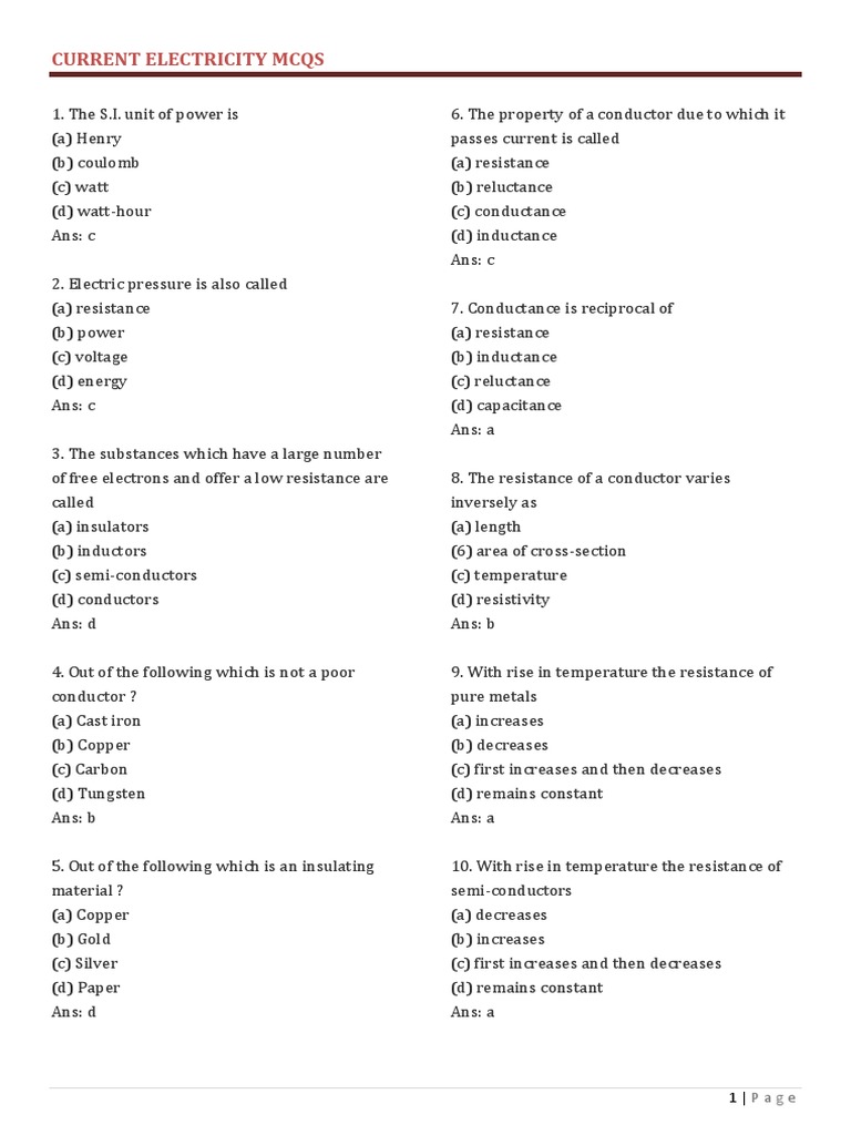 Current Electricity Mcqs | PDF | Electrical Resistance And Conductance | Series And Parallel ...