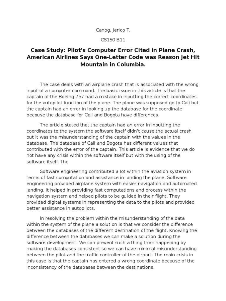 Case Study: Pilot's Computer Error Cited in Plane Crash, American ...