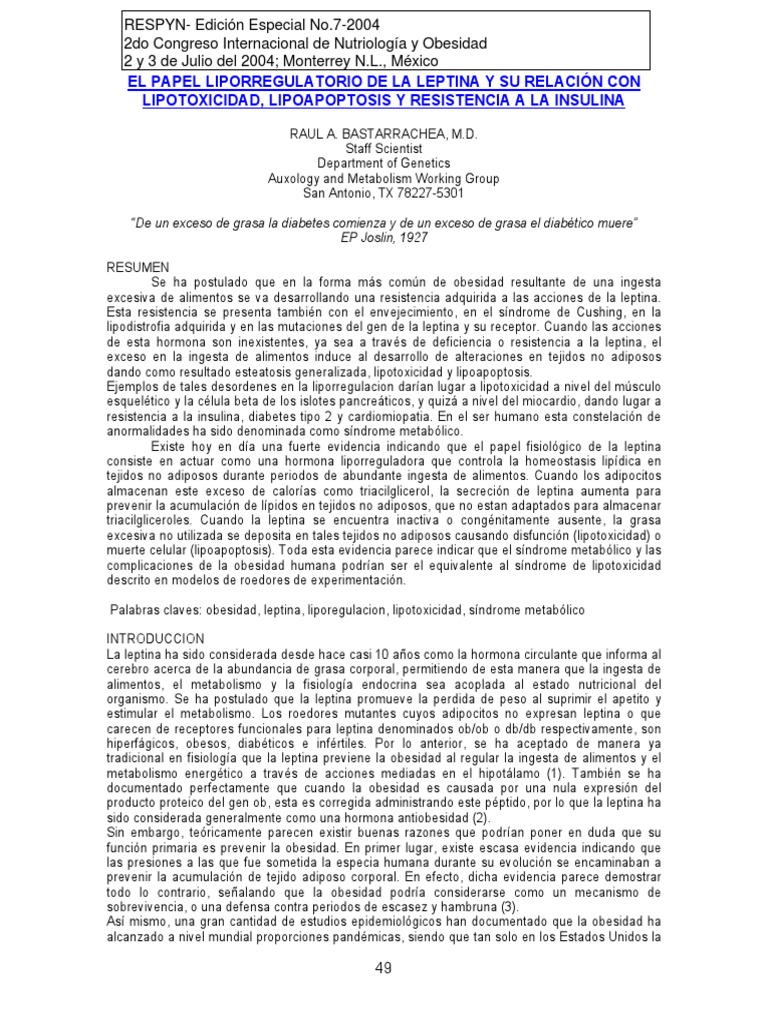 El Papel Liporregulatorio de La Leptina y Su Relación Con Lipotoxicidad ...