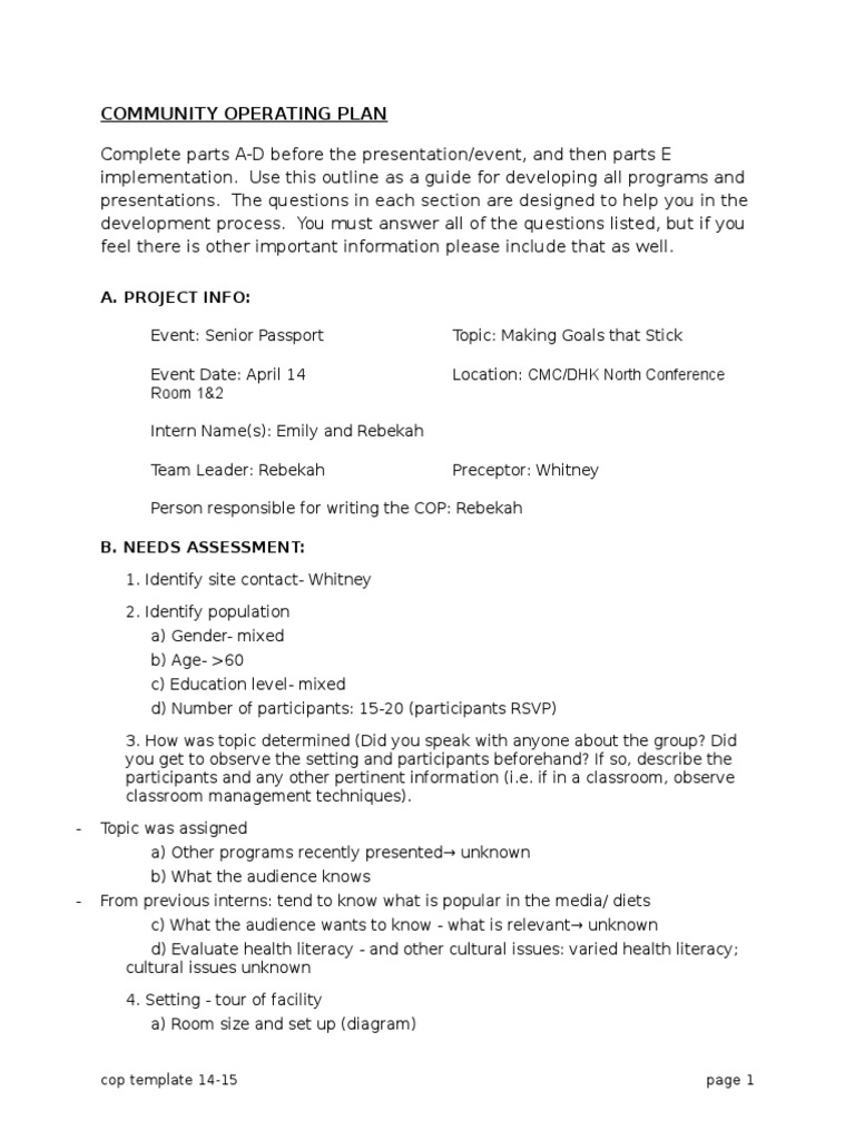 Community Operating Plan: A. Project Info | PDF | Goal | Goal Setting