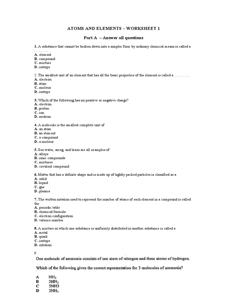 Atoms and Elements Worksheet 1 Year 1 Science | PDF