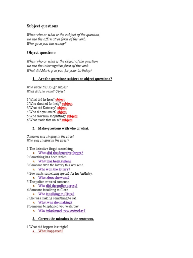 Subject and Object Questions Exercises | PDF | Violence | Crime Thriller