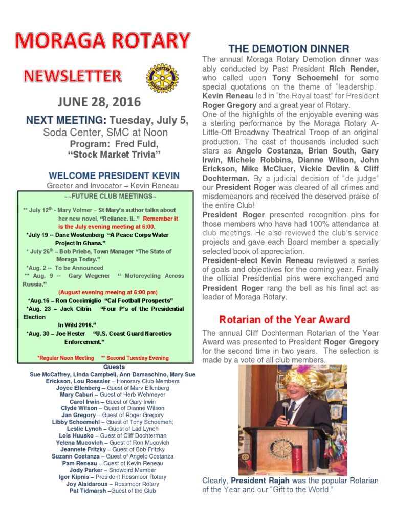 Moraga Rotary Newsletter - June 28 2016 | Download Free PDF | Fraternal ...