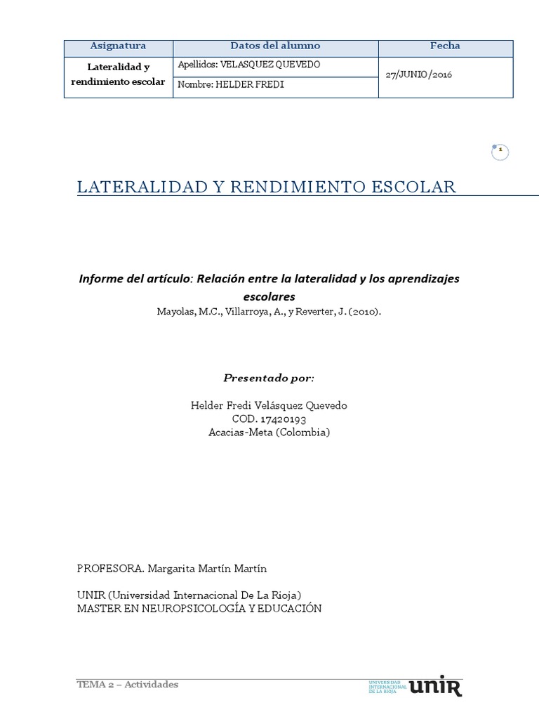 Lateralidad y Rendimiento Escolar-HFVQ-trab2 | PDF | Hemisferio cerebral | Handedness